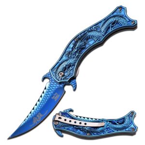 dark side ballistics spring assisted knife, ds-a019bl-mc, 3cr13 stainless steel, blue tinite coated, dragon theme, pocket clip, edc, fantasy, collectible