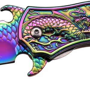 Dark Side Ballistics - Spring Assisted Folding Knife - Rainbow TiNite Coated Stainless Steel Blade and Handle, Dragon Theme, Pocket Clip, EDC, Fantasy, Collectible, DS-A019RB