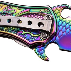 Dark Side Ballistics - Spring Assisted Folding Knife - Rainbow TiNite Coated Stainless Steel Blade and Handle, Dragon Theme, Pocket Clip, EDC, Fantasy, Collectible, DS-A019RB