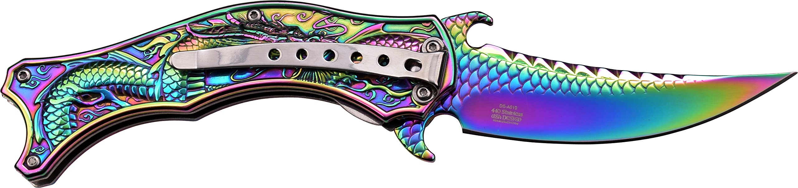 Dark Side Ballistics - Spring Assisted Folding Knife - Rainbow TiNite Coated Stainless Steel Blade and Handle, Dragon Theme, Pocket Clip, EDC, Fantasy, Collectible, DS-A019RB