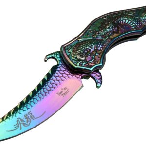 Dark Side Ballistics - Spring Assisted Folding Knife - Rainbow TiNite Coated Stainless Steel Blade and Handle, Dragon Theme, Pocket Clip, EDC, Fantasy, Collectible, DS-A019RB