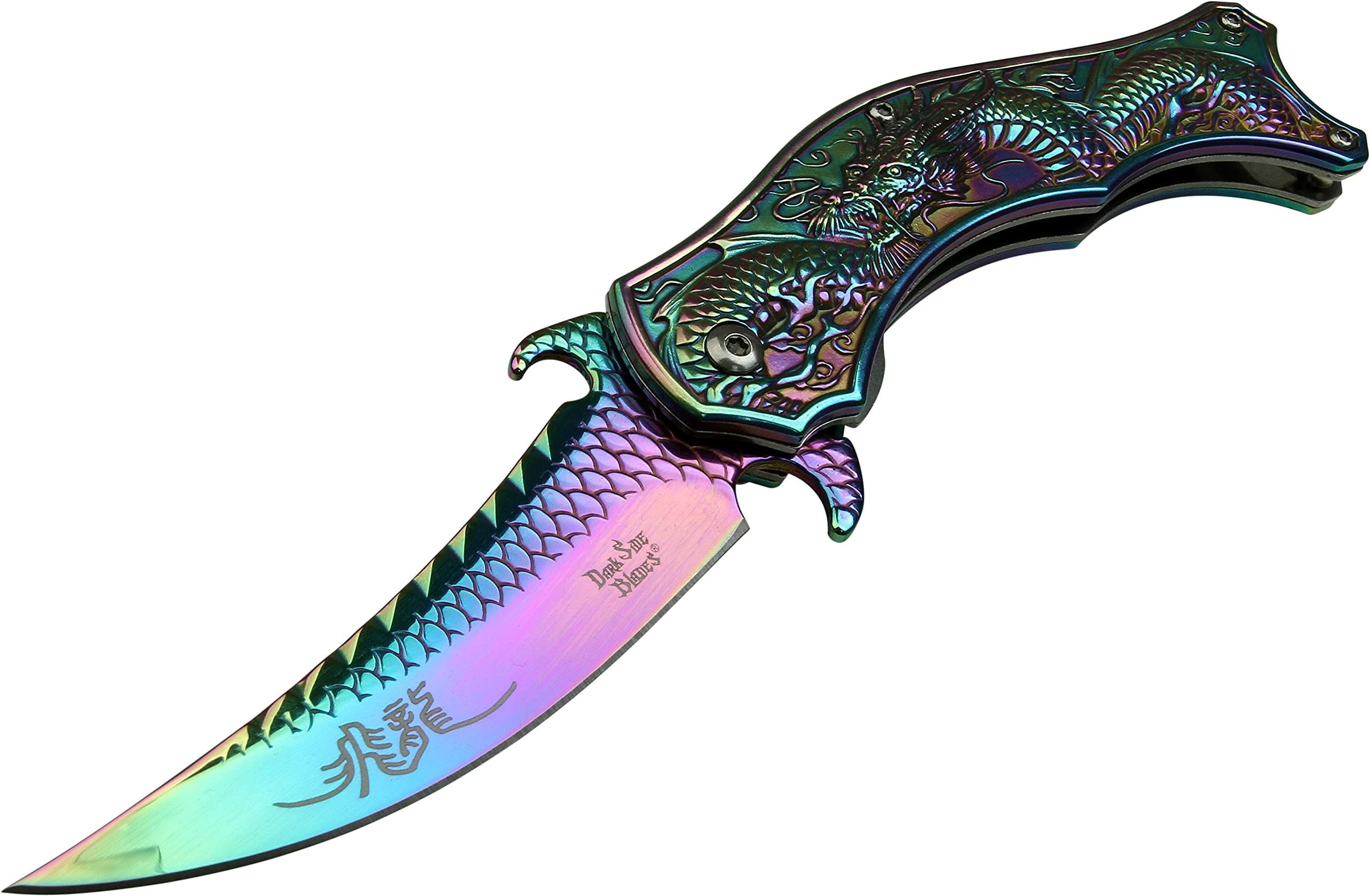 Dark Side Ballistics - Spring Assisted Folding Knife - Rainbow TiNite Coated Stainless Steel Blade and Handle, Dragon Theme, Pocket Clip, EDC, Fantasy, Collectible, DS-A019RB