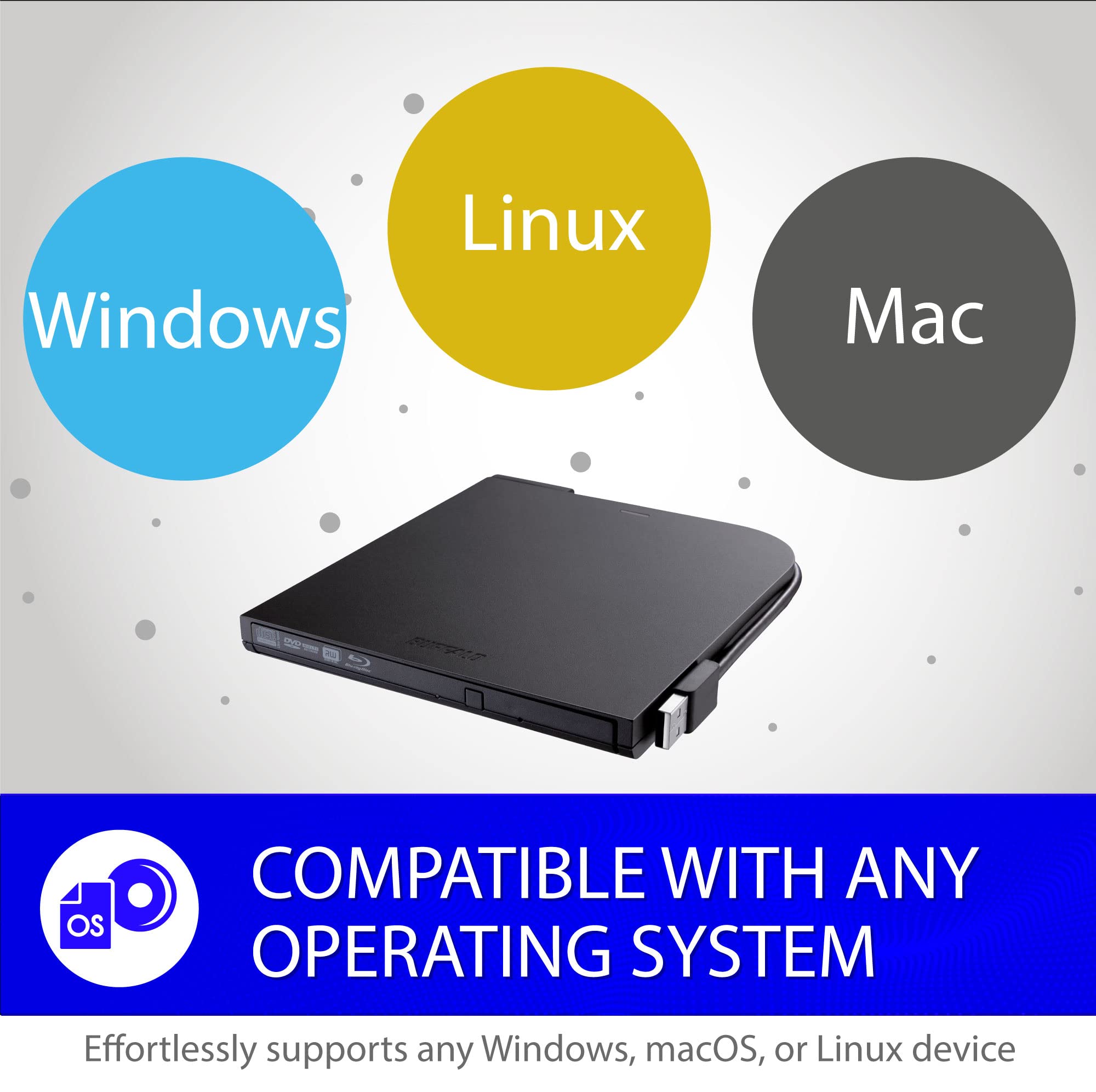 BUFFALO MediaStation Portable Blu-ray Drive/External, Plays and Burns Blu-Rays, DVDs, and CDs with USB Connection. Compatible with Laptop, Desktop PC and Mac.