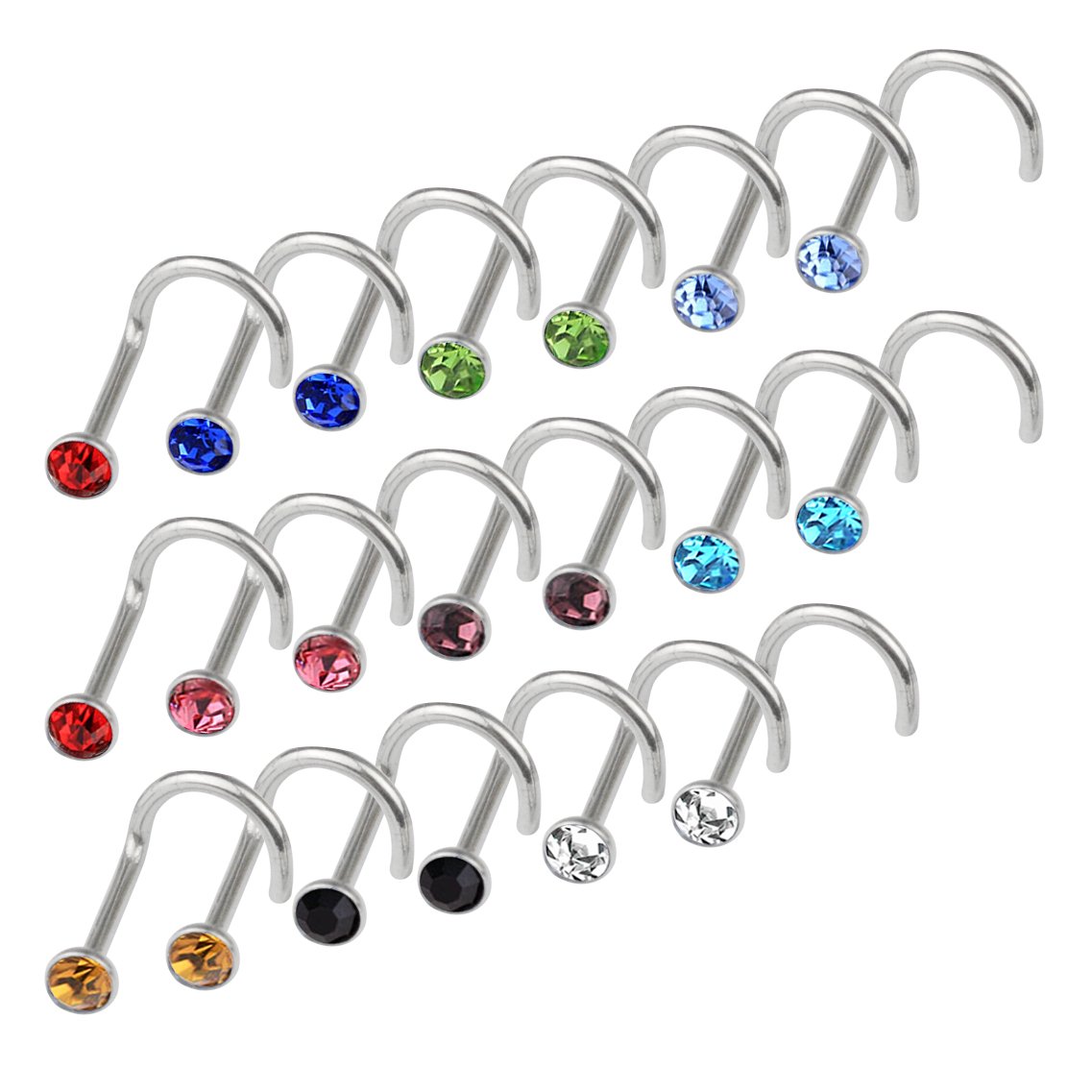 cnomg 20 pieces 316L Stainless Steel Rhinestone Nose Stud Rings Body Piercing- 10 Mixed Color 2.2 MM