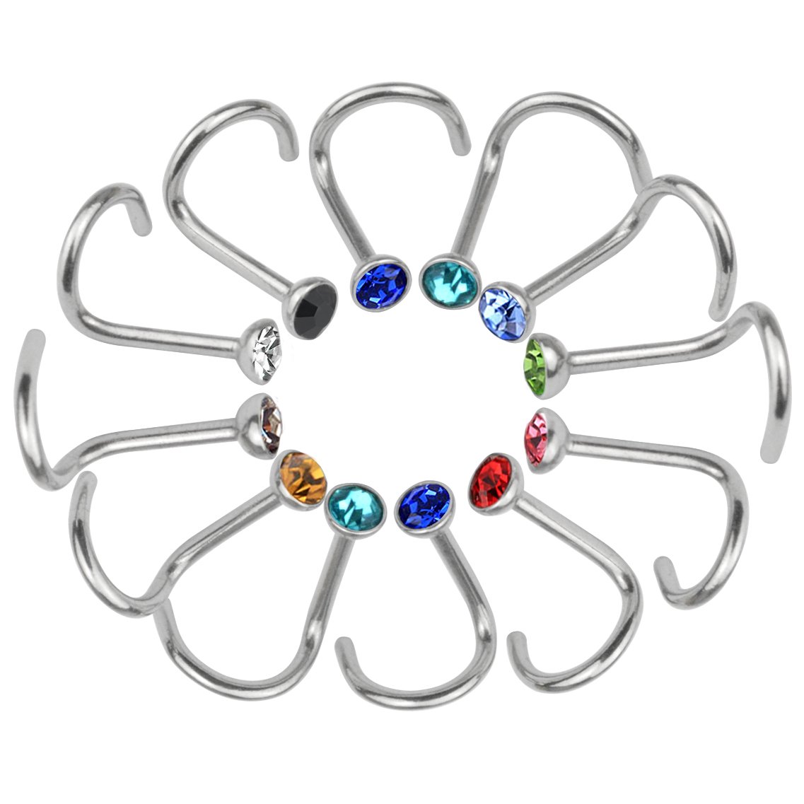 cnomg 20 pieces 316L Stainless Steel Rhinestone Nose Stud Rings Body Piercing- 10 Mixed Color 2.2 MM