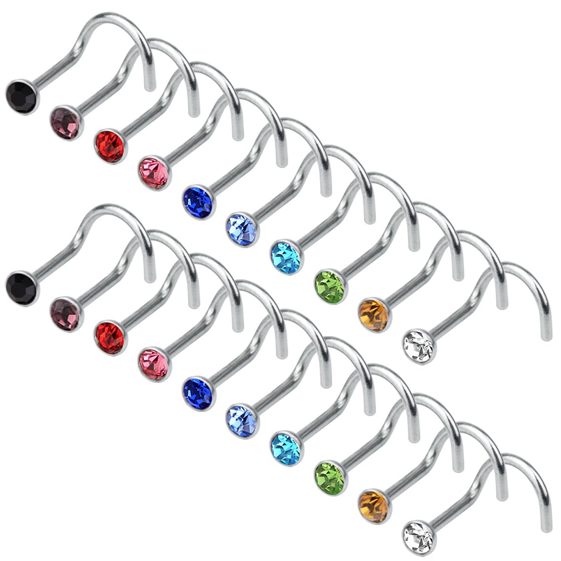 cnomg 20 pieces 316L Stainless Steel Rhinestone Nose Stud Rings Body Piercing- 10 Mixed Color 2.2 MM