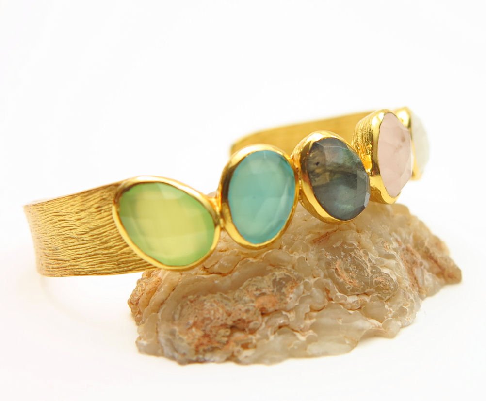 Rose Quartz Blue Chalcedony Labradorite Rainbow Moonstone Cuff Bracelet Auralee & Co.