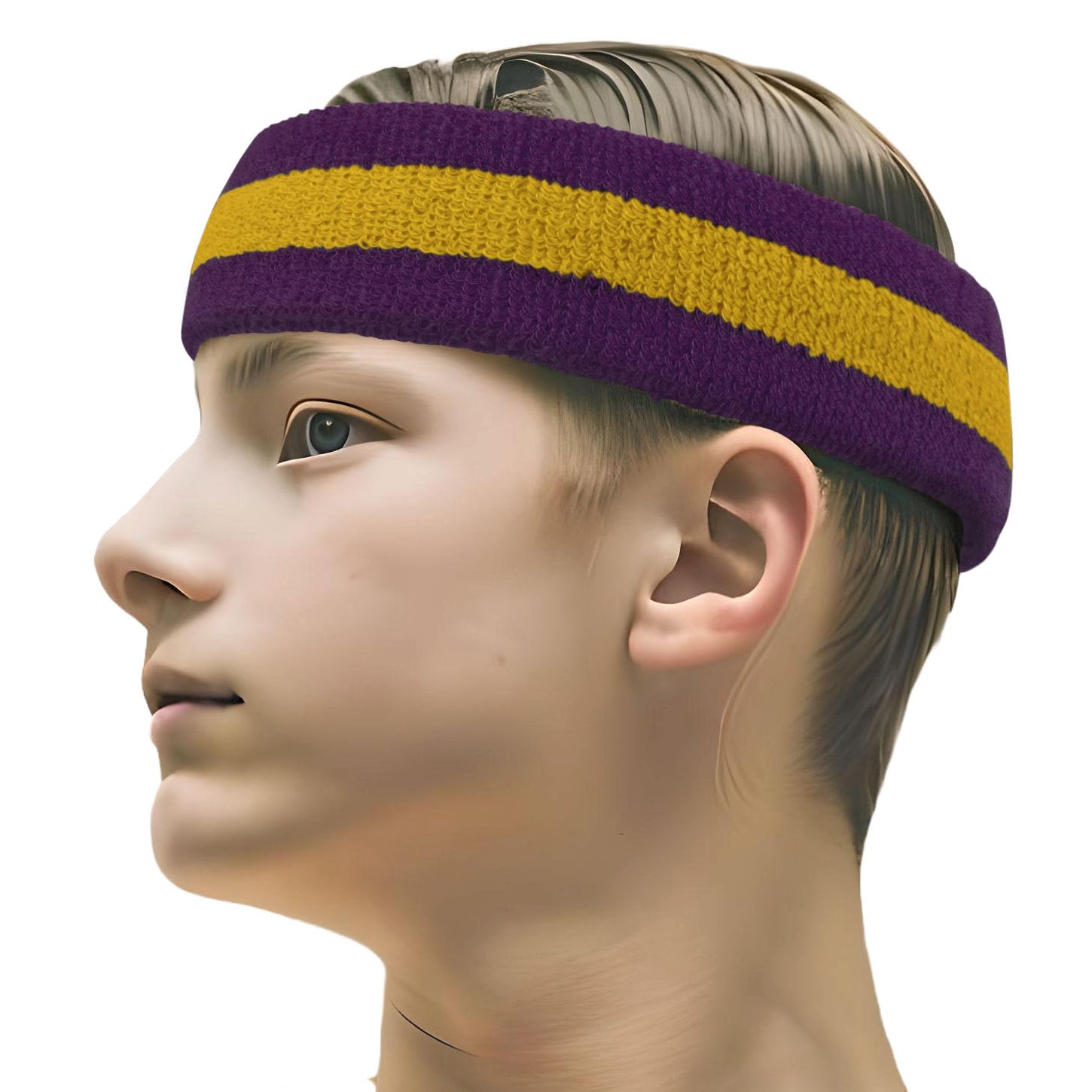 COUVER 2 Color Stripe Terry Sports Headband (1 Piece), Golden Yellow/Purple