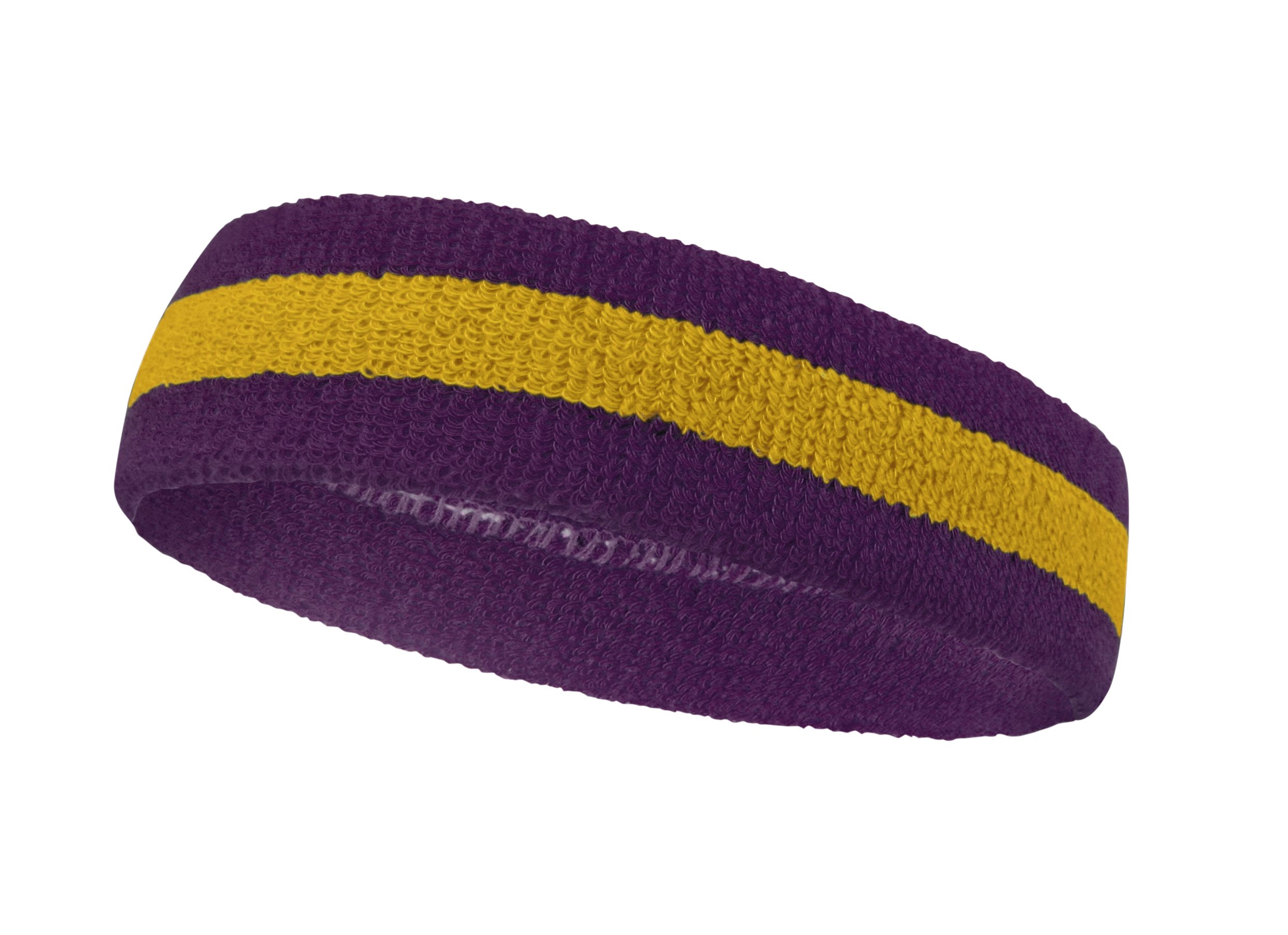 COUVER 2 Color Stripe Terry Sports Headband (1 Piece), Golden Yellow/Purple