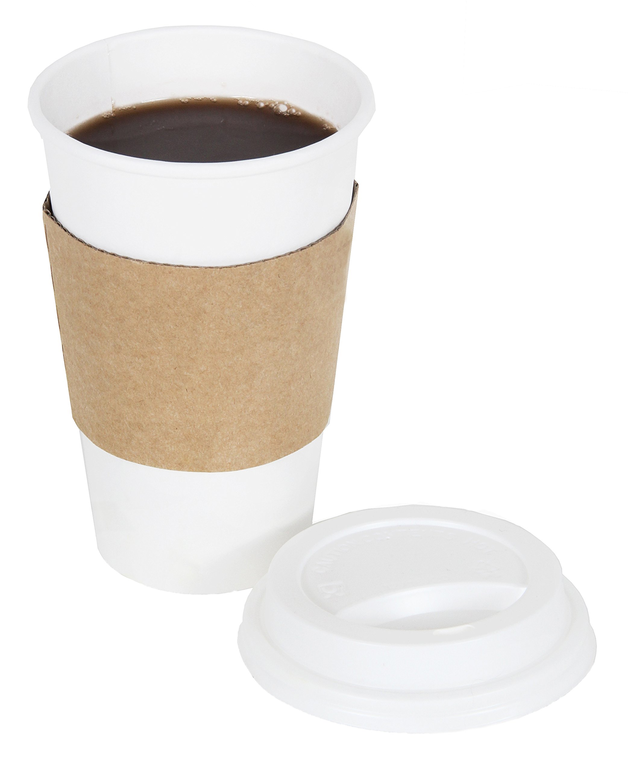 CucinaPrime 100 Pack Paper Coffee Hot Cups WHITE with Travel Lids and Sleeves - 16OZ