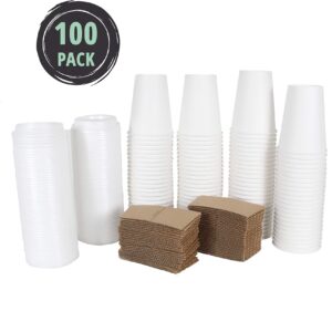 CucinaPrime 100 Pack Paper Coffee Hot Cups WHITE with Travel Lids and Sleeves - 16OZ