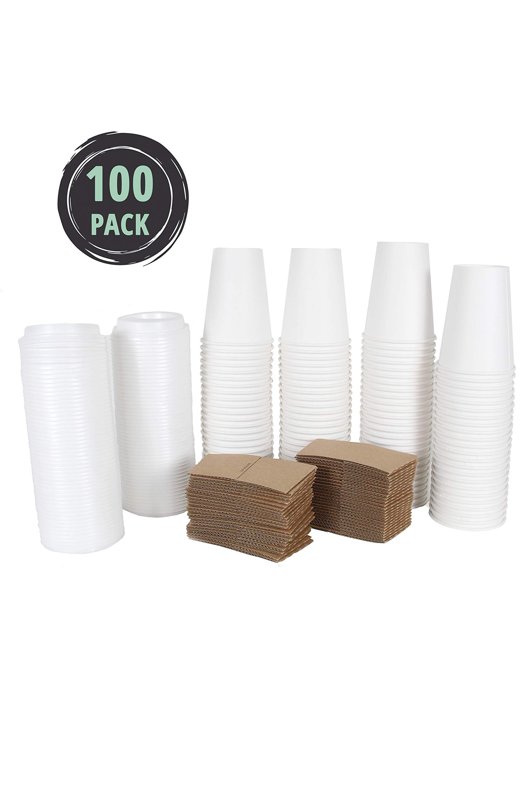 CucinaPrime 100 Pack Paper Coffee Hot Cups WHITE with Travel Lids and Sleeves - 16OZ