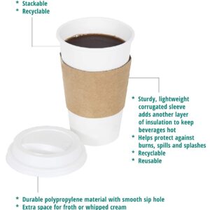 CucinaPrime 100 Pack Paper Coffee Hot Cups WHITE with Travel Lids and Sleeves - 16OZ