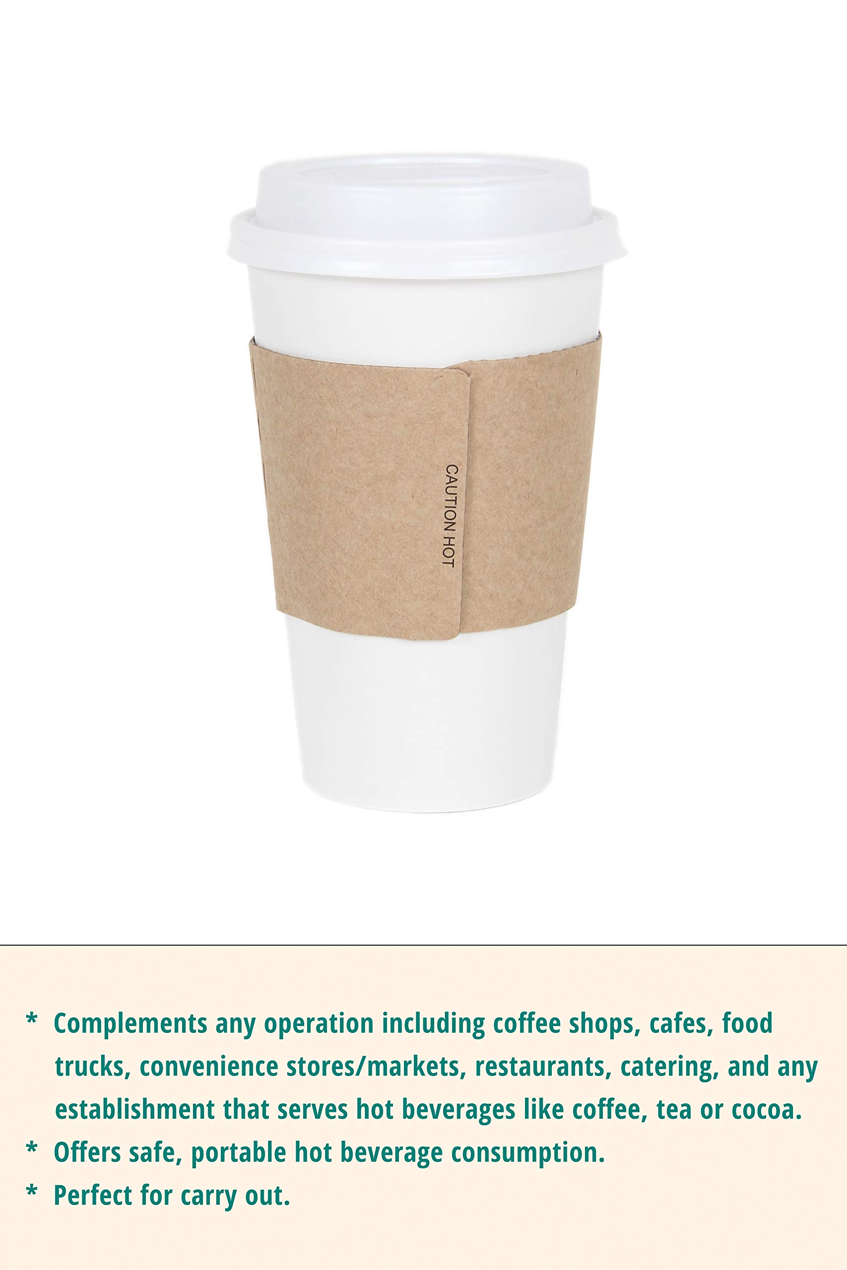 CucinaPrime 100 Pack Paper Coffee Hot Cups WHITE with Travel Lids and Sleeves - 16OZ