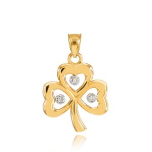 10k yellow gold three diamond clover leaf shamrock charm pendant