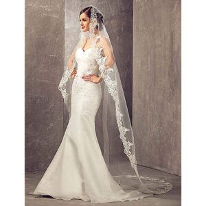 aukmla wedding bridal veils ivory beautiful long veil with lace and metal comb at the edge cathedral length (ivory)