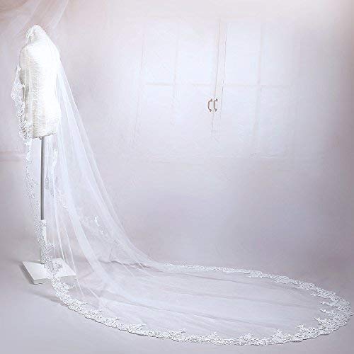 Aukmla Wedding Bridal Veils Ivory Beautiful Long Veil with Lace and Metal Comb at the Edge Cathedral Length (Ivory)