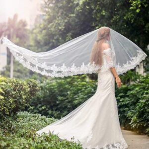 Aukmla Wedding Bridal Veils Ivory Beautiful Long Veil with Lace and Metal Comb at the Edge Cathedral Length (Ivory)