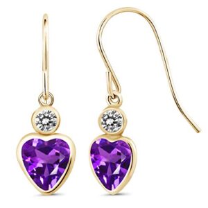 gem stone king 14k yellow gold purple amethyst and white diamond french wire dangle hook earrings for women (3.66 cttw, gemstone february birthstone, heart 6mm, round 3mm)