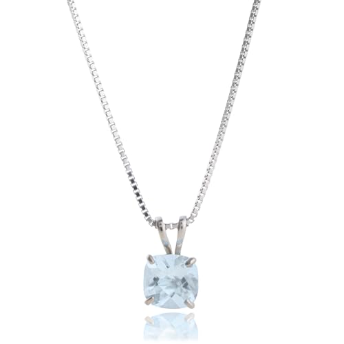 MAX + STONE 925 Sterling Silver 6mm Cushion Cut March Birthstone Aquamarine Solitaire Pendant Necklace for Women with 18 inch Box Chain