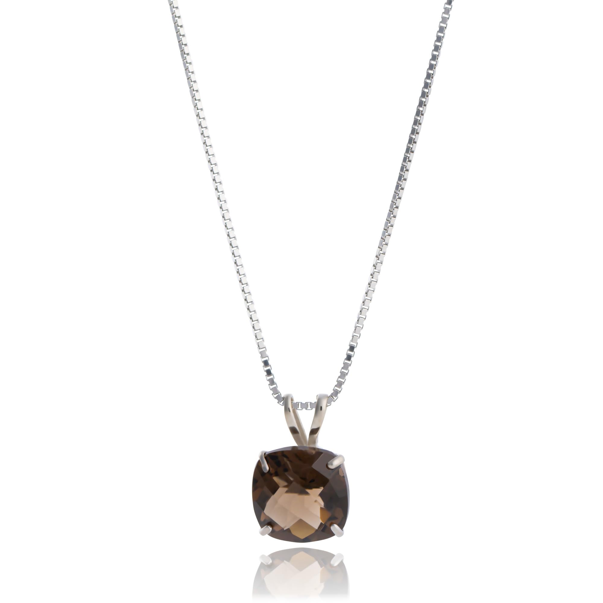 MAX + STONE 925 Sterling Silver 8mm Cushion Cut November Birthstone Smoky Quartz Solitaire Pendant Necklace for Women with 18 inch Box Chain