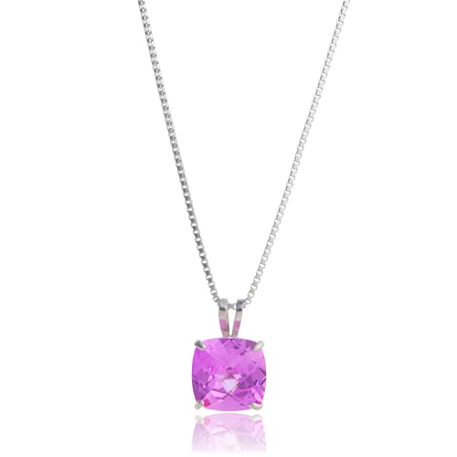 MAX + STONE 925 Sterling Silver 8mm Cushion Cut September Birthstone Created Pink Sapphire Solitaire Pendant Necklace for Women with 18 inch Box Chain