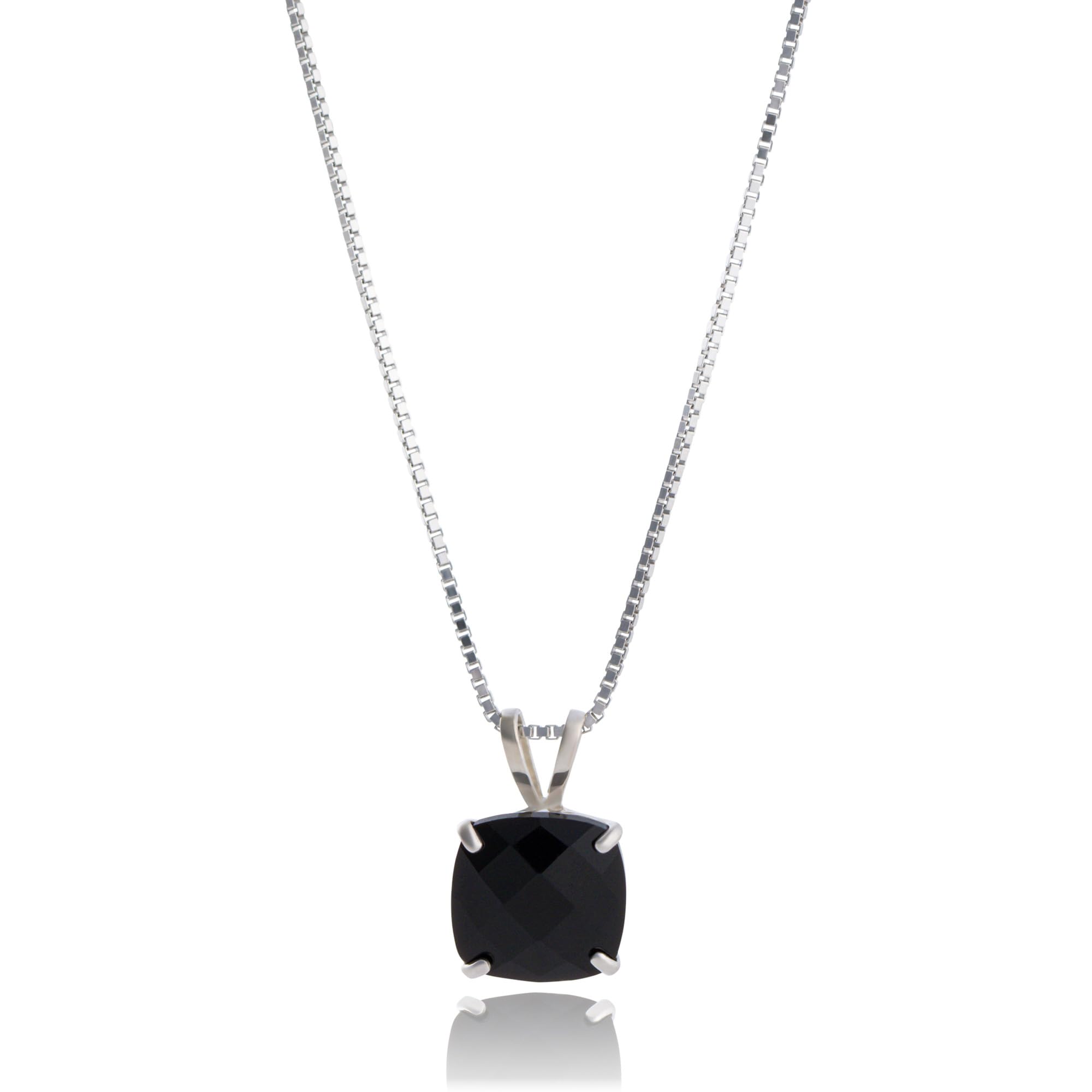 MAX + STONE 925 Sterling Silver 8mm Cushion Cut December Birthstone Onyx Solitaire Pendant Necklace for Women with 18 inch Box Chain