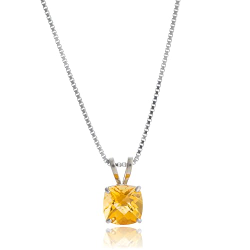 MAX + STONE 925 Sterling Silver 6mm Cushion Cut November Birthstone Citrine Solitaire Pendant Necklace for Women with 18 inch Box Chain