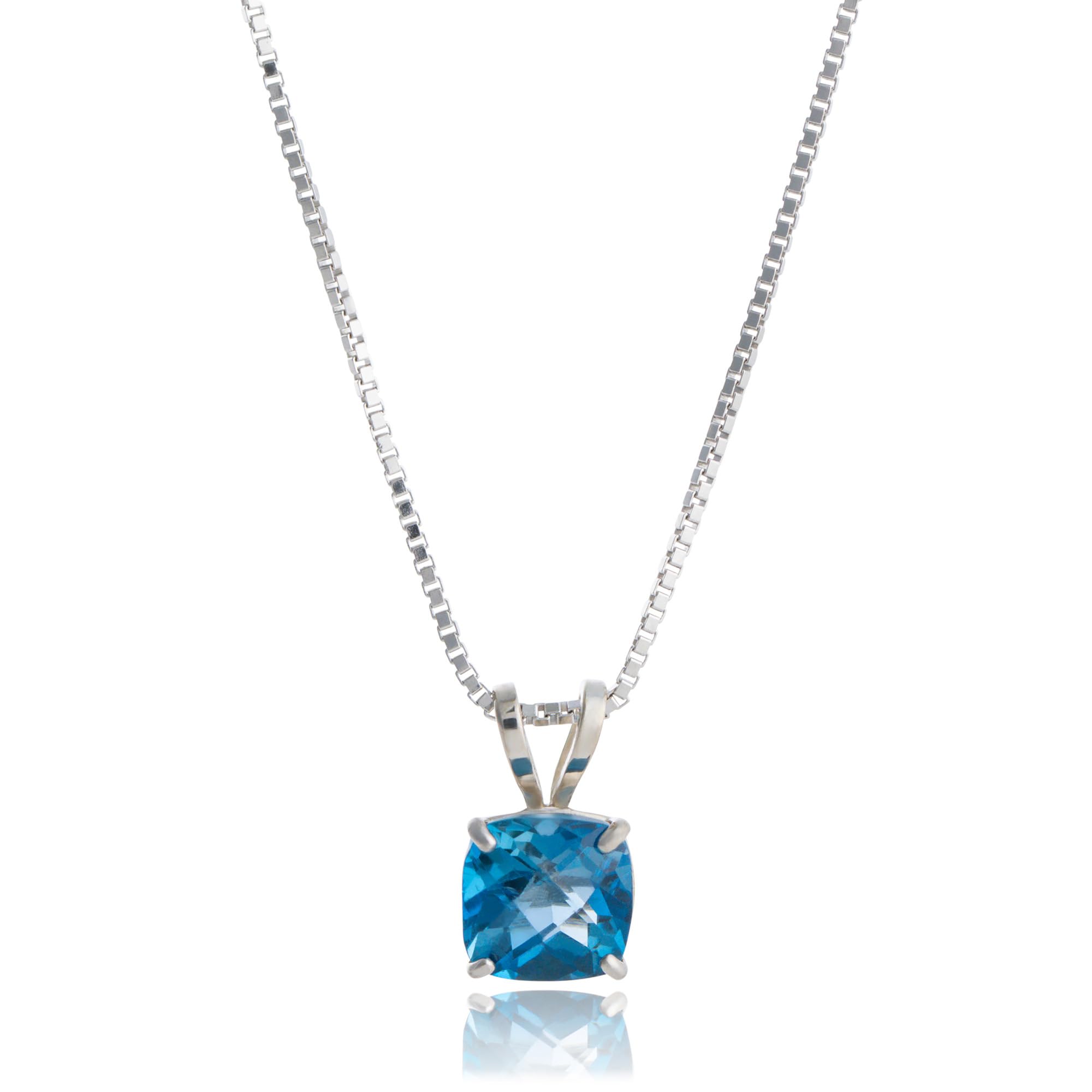 MAX + STONE 925 Sterling Silver 6mm Cushion Cut December Birthstone London Blue Topaz Solitaire Pendant Necklace for Women with 18 inch Box Chain