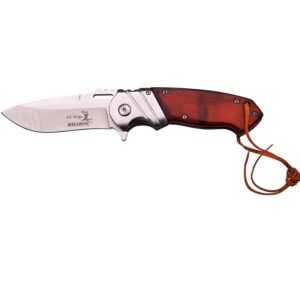 elk ridge - outdoors spring assisted folding knife, 3.5-in stainless steel blade, brown wood handle, stainless bolster, leather lanyard, pocket clip - hunting, camping, survival, edc - er-a003sw