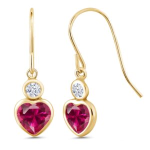 gem stone king 14k yellow gold red created ruby and white zirconia drop french wire earrings for women (1.42 cttw, gemstone july birthstone, heart shape 5mm, round 3mm)