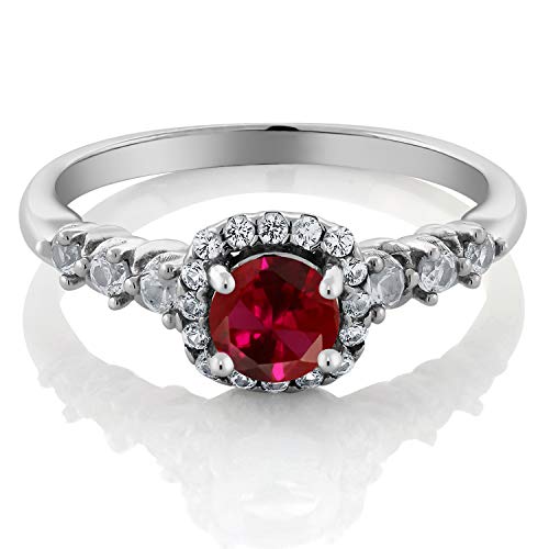 Gem Stone King 925 Sterling Silver Red Created Ruby and White Created Sapphire Engagement Ring For Women (1.02 Cttw, Round 5MM, Available 5,6,7,8,9) (Size 8)