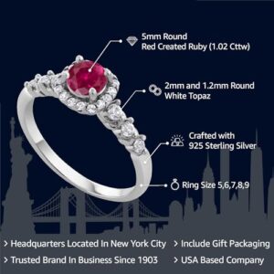 Gem Stone King 925 Sterling Silver Red Created Ruby and White Created Sapphire Engagement Ring For Women (1.02 Cttw, Round 5MM, Available 5,6,7,8,9) (Size 8)