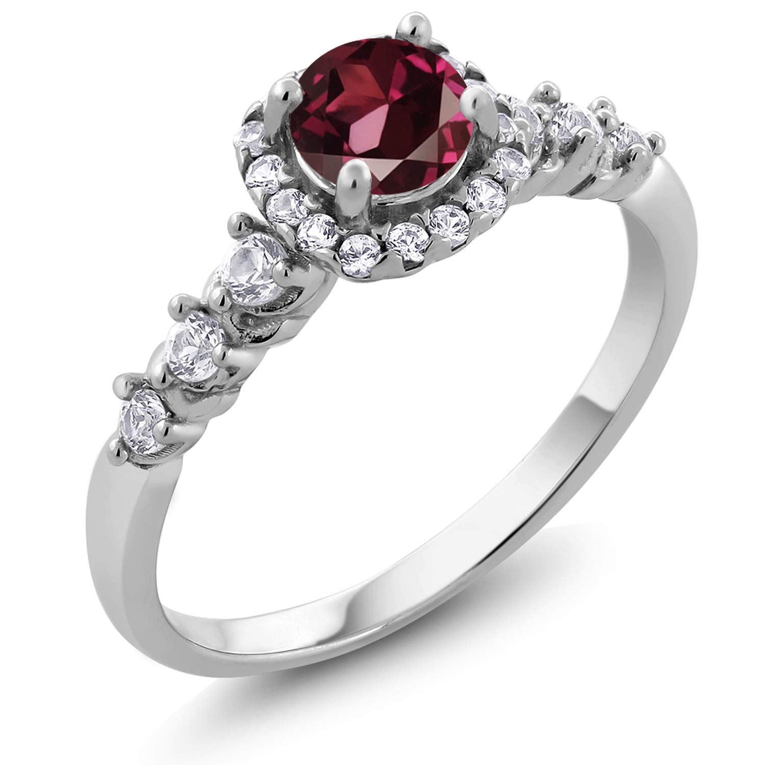 Gem Stone King 925 Sterling Silver Red Rhodolite Garnet and White Created Sapphire Women's Ring (1.06 Cttw, Available in Size 5,6,7,8,9)