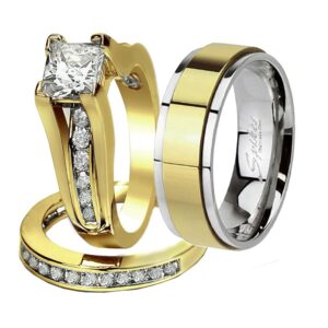 mabella his & hers 3 pcs gold plated mens matching band womens princess cut stainless steel wedding ring set women's size 9 men's size 12