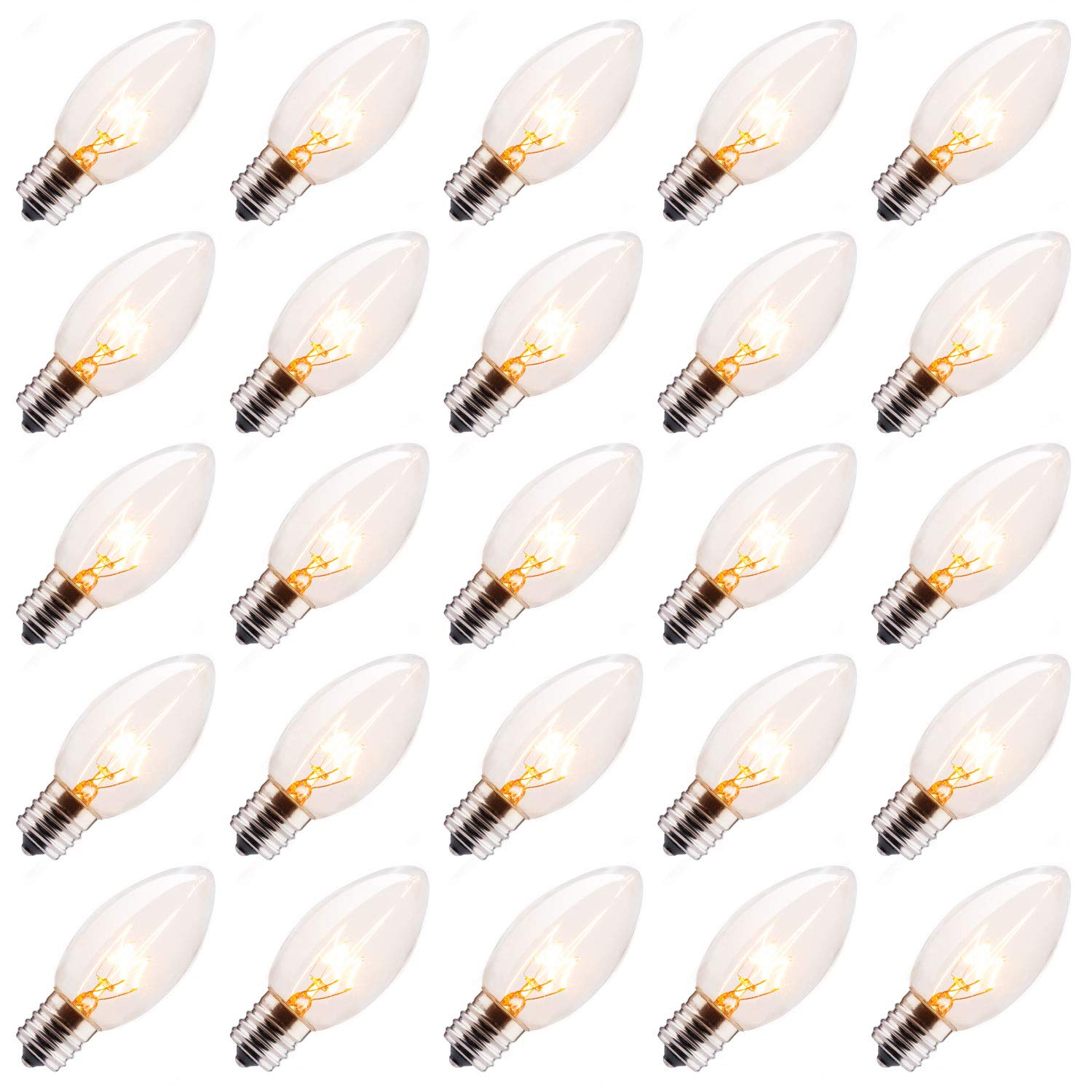 25 Pack 7W Clear Incandescent E17 Bulbs for Christmas String Lights - C9 Replacement Bulbs