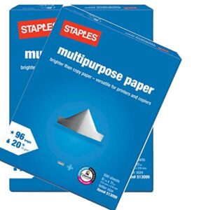 2 pack: staples multipurpose copy fax laser inkjet printer paper, 8 1/2 inch x 11 letter size, 20 lb, 96 bright white, acid free, ream, 500 sheets each (1,000 sheets total)