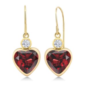 gem stone king 14k yellow gold red garnet and white zirconia earrings for women (4.22 cttw, gemstone january birthstone, heart shape 8mm and, round 3mm)