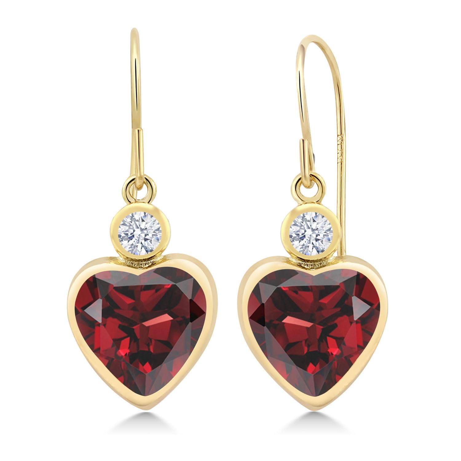 Gem Stone King 14K Yellow Gold Red Garnet and White Zirconia Earrings For Women (4.22 Cttw, Gemstone January Birthstone, Heart Shape 8MM and, Round 3MM)