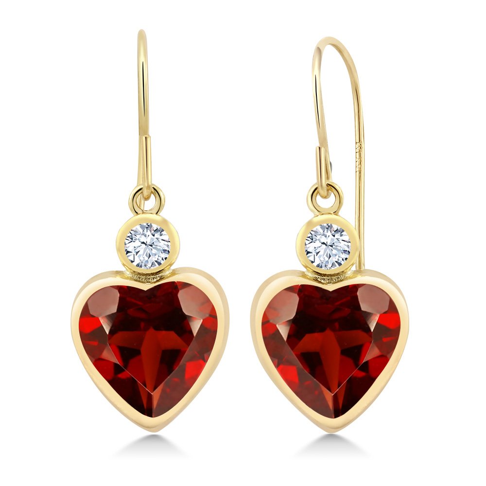 Gem Stone King 14K Yellow Gold Red Garnet and White Zirconia Earrings For Women (4.22 Cttw, Gemstone January Birthstone, Heart Shape 8MM and, Round 3MM)