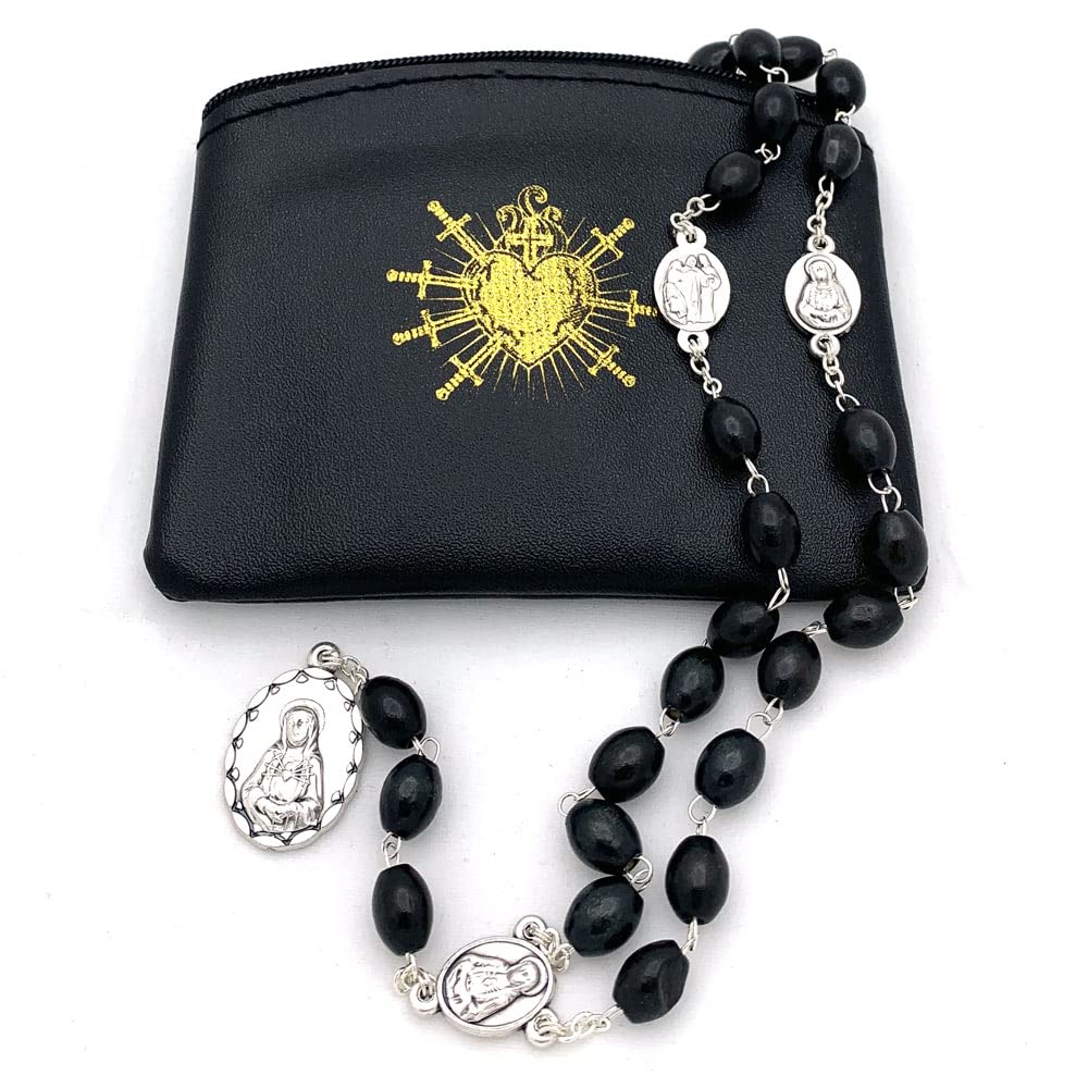 Seven Sorrows of Mary Rosary Chaplet Oval Black Wooden Beads and Matching Rosary Pouch- Servite Rosary