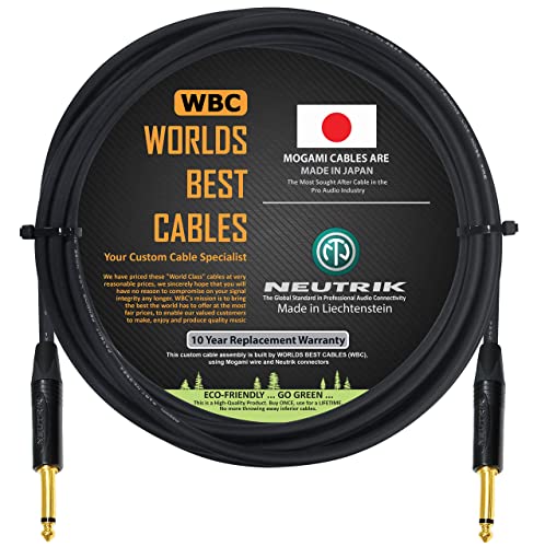 WORLDS BEST CABLES 10 Foot - Guitar Bass Instrument Cable CUSTOM MADE using Mogami 2524 wire and Neutrik NP2X-B ¼ Inch (6.35mm) Straight Gold TS Connectors