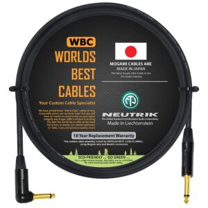 worlds best cables 6 foot - guitar bass instrument cable custom made using mogami 2524 wire and neutrik np2rx-b & np2x-b ¼ inch (6.35mm) gold ts connectors