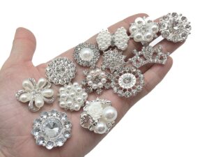 pepperlonely brand 12pc mixed style acrylic pearl rhinestone flat back alloy metal embellishments & sew on buttons 13/16~1-3/16 inch