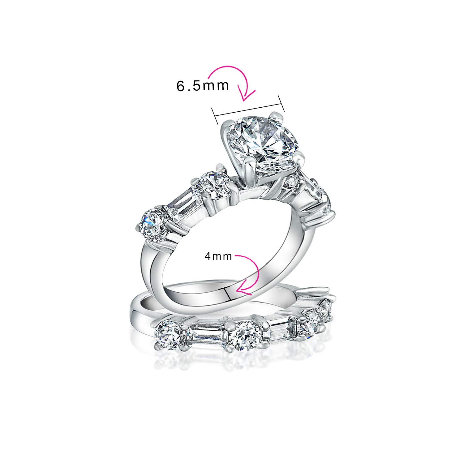 Personalized Traditional AAA CZ Baguettes Side Stones 2CT Square Round Brilliant Solitaire Anniversary Engagement Wedding Band Ring Set For Women .925 Sterling Silver Customizable