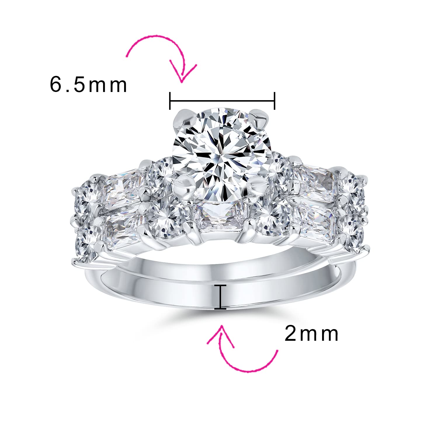 Personalized Traditional AAA CZ Baguettes Side Stones 2CT Square Round Brilliant Solitaire Anniversary Engagement Wedding Band Ring Set For Women .925 Sterling Silver Customizable