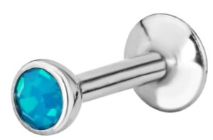 forbidden body jewelry 16g 6mm tragus earring, helix earring & labret piercing, internally threaded 2mm simulated blue opal stud