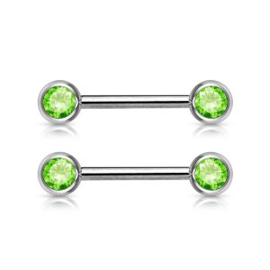 forbidden body jewelry 14g nipple ring barbells set of 2, pair of green cz 16mm (5/8 inch) barbells with 6mm balls