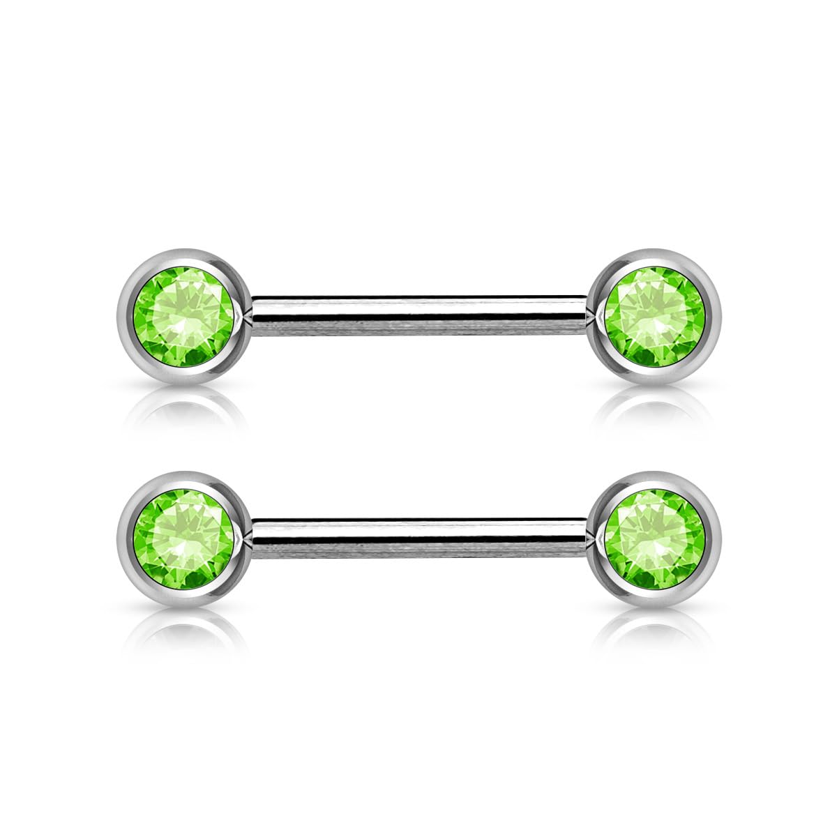 Forbidden Body Jewelry 14g Nipple Ring Barbells Set of 2, Pair of Green CZ 16mm (5/8 Inch) Barbells with 6mm Balls