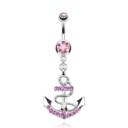 Forbidden Body Jewelry Surgical Steel CZ Crystal Anchor Nautical Dangle Belly Button RIng (Pink)